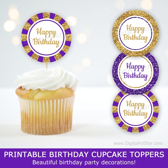 Purple and Gold Happy Birthday Cupcake Toppers Printable, Happy ...