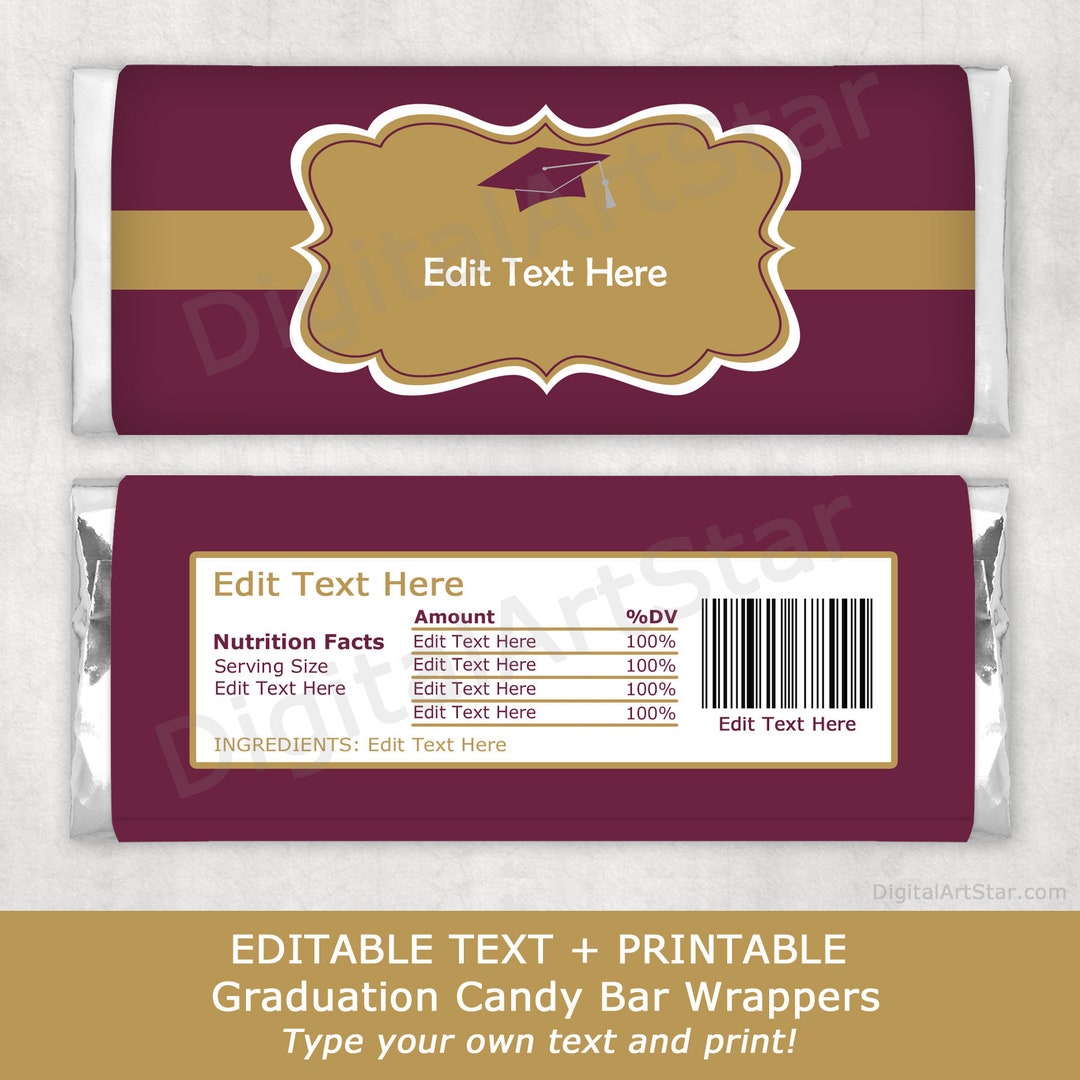Graduation Candy Bar Wrappers Printable Maroon Gold, Graduation Candy ...