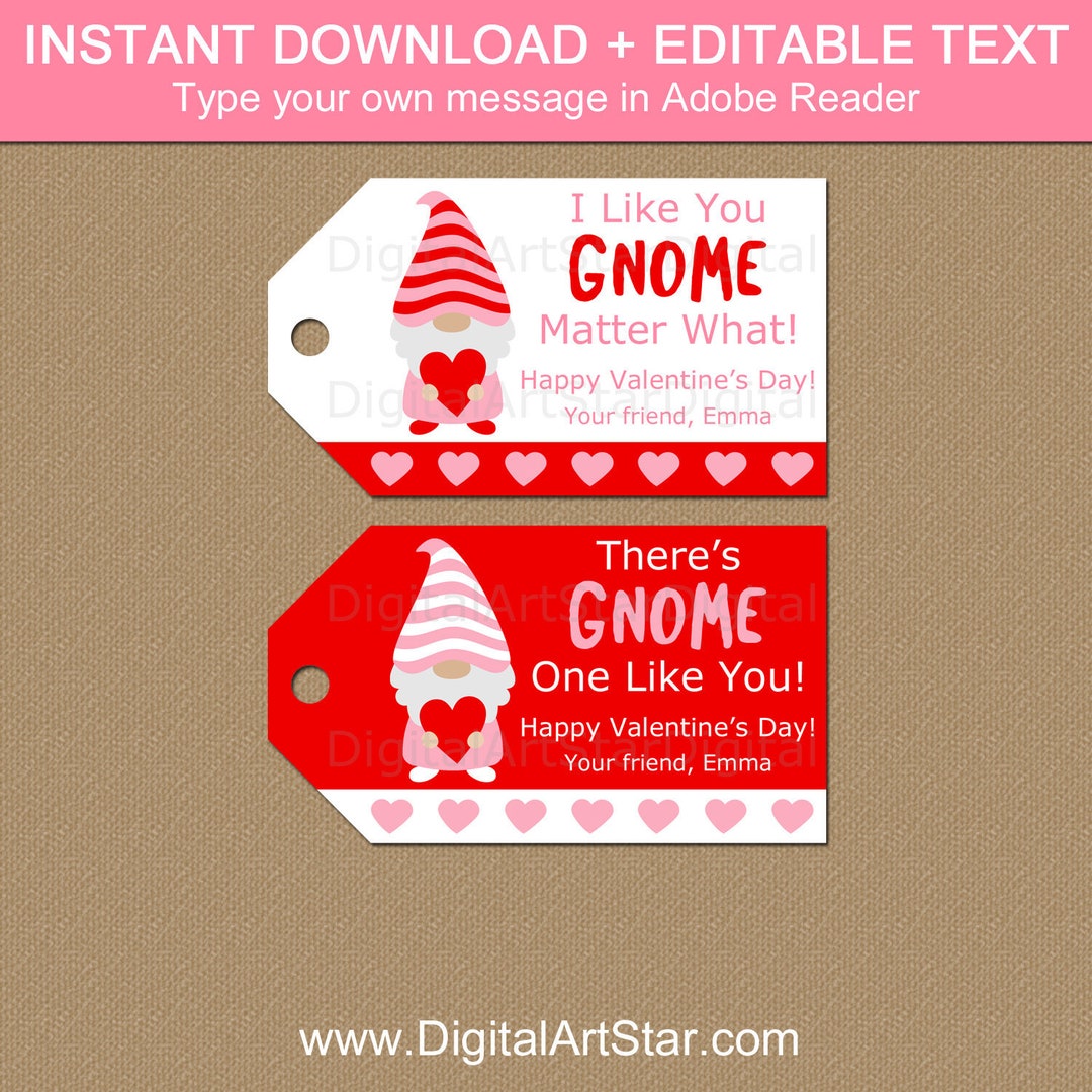 Gnome Valentine Tag Printable Valentine Gift Tags to - Etsy