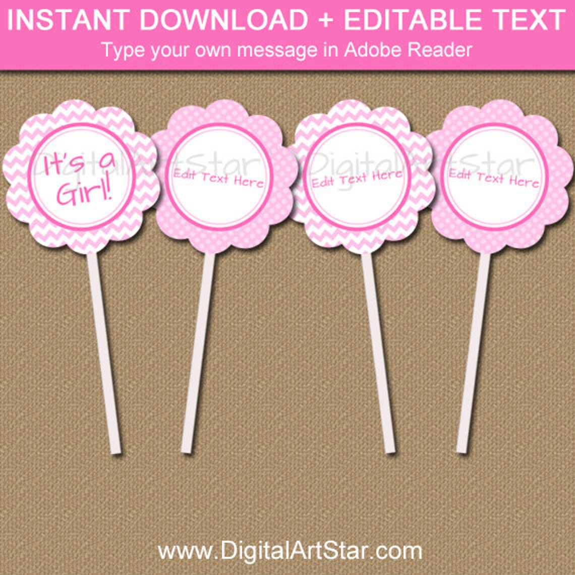 Pink Cupcake Toppers Printable Pink Baby Shower Decorations - Etsy