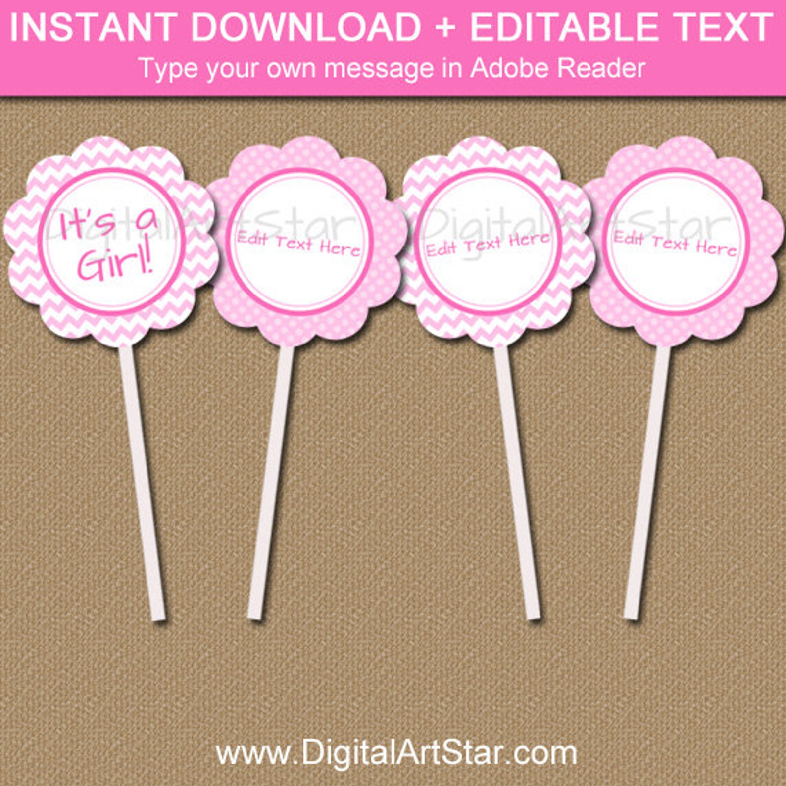 Pink Cupcake Toppers Printable Pink Baby Shower Decorations - Etsy