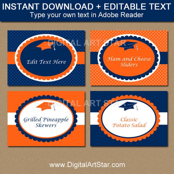 Navy Blue and Orange Graduation Food Labels, Graduation Decorations ...