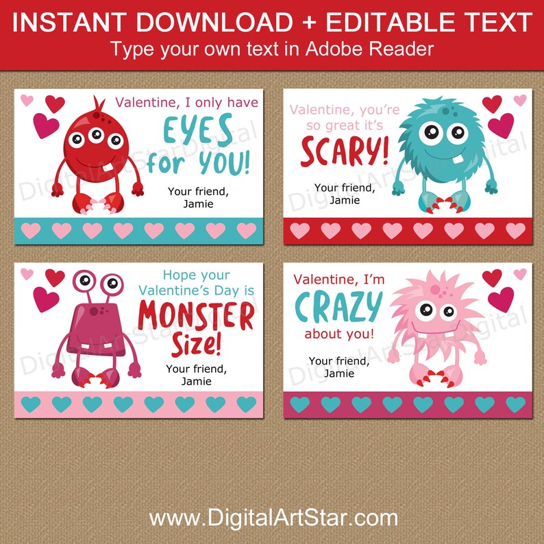 Monster Valentines Day Cards for Kids Printable Valentines for - Etsy