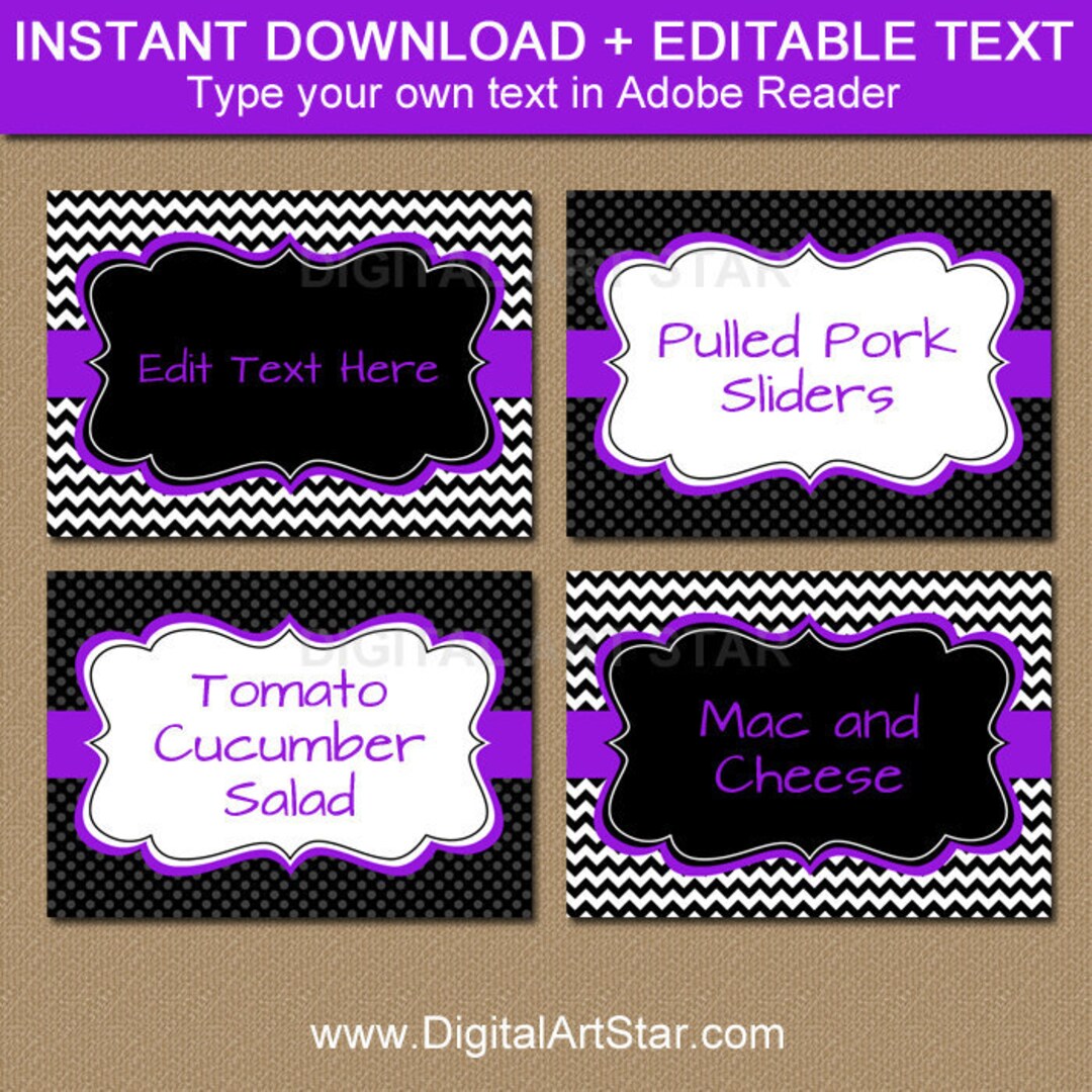 Black and Purple Food Labels Template Editable Place Cards Tent Candy ...