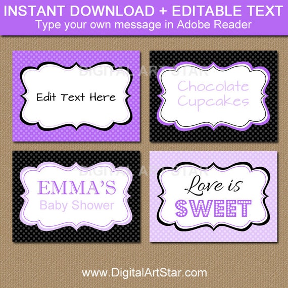 Purple and Black Food Labels, Purple Tent Cards, Lavender Buffet Cards ...
