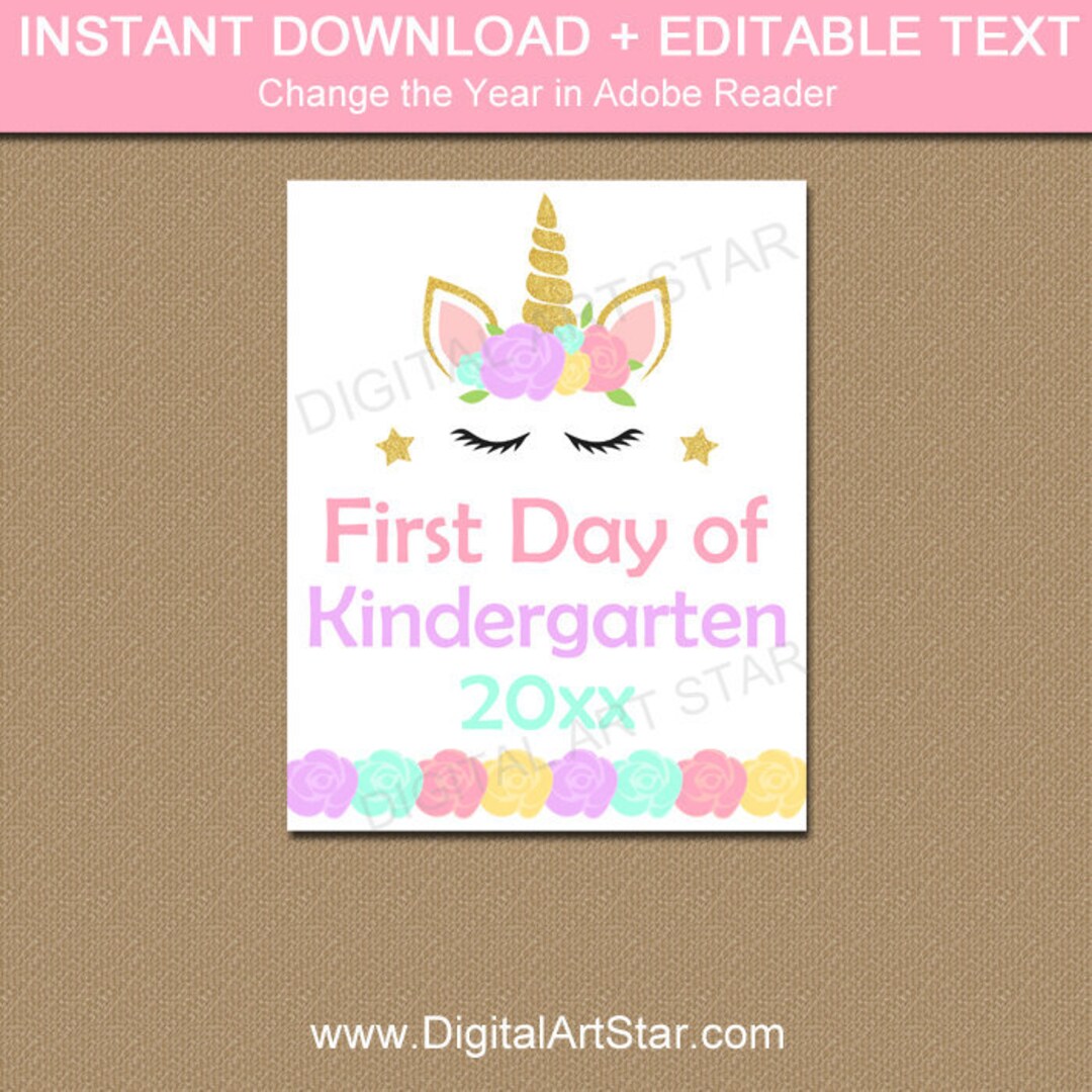 First Day of Kindergarten Sign Unicorn, Kindergarten Sign First Day ...