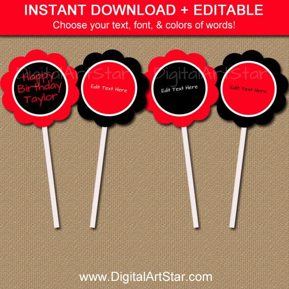 Red & Black Birthday Cupcake Toppers - Printable Cupcake Toppers ...