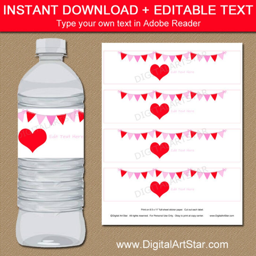 Valentine's Day Water Bottle Labels Heart Water Bottle Labels Valentine ...