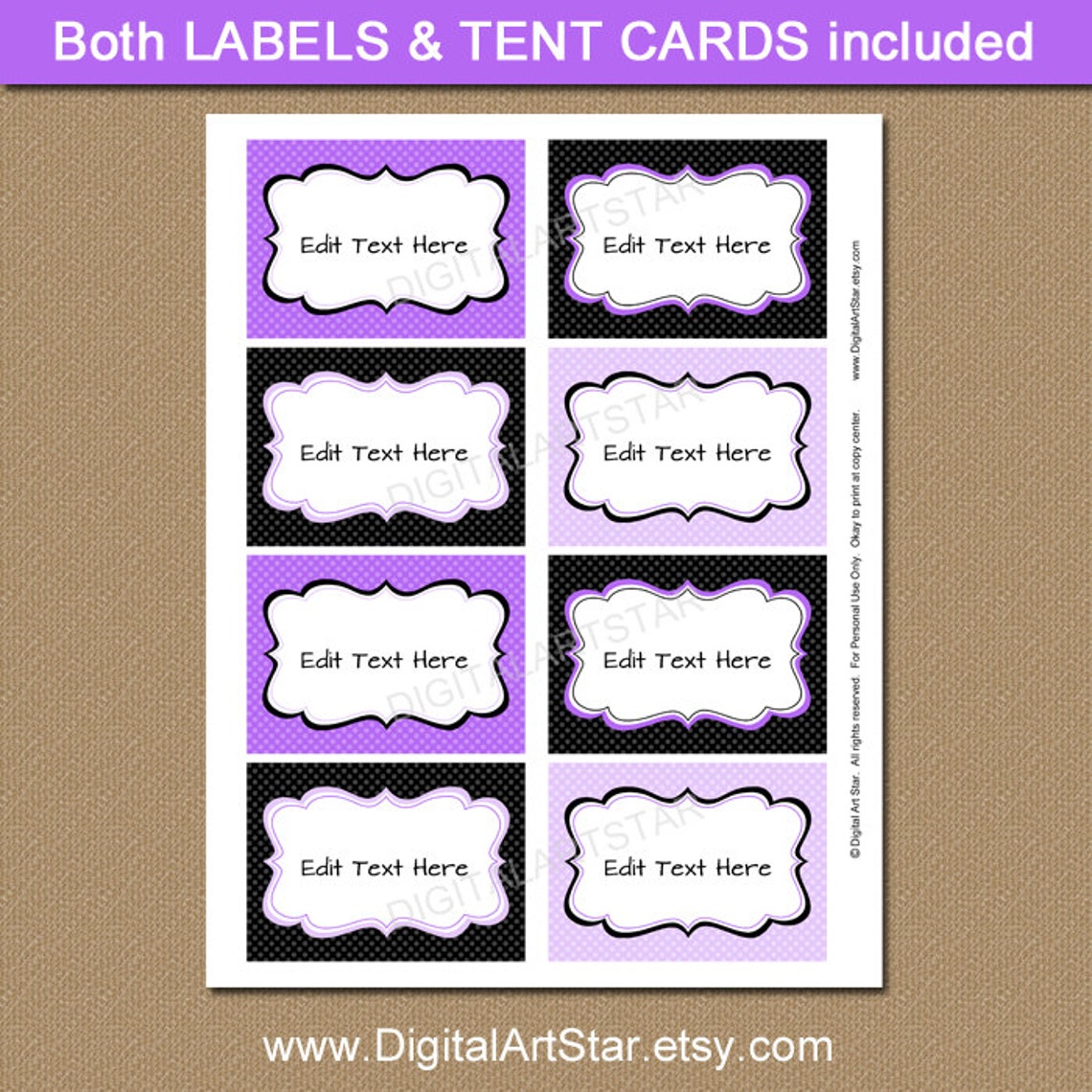 Purple and Black Food Labels Purple Tent Cards Lavender - Etsy