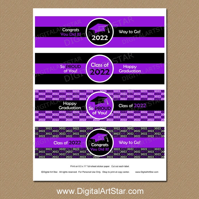 Purple and Black Graduation Water Bottle Labels Senior 2022 | Etsy