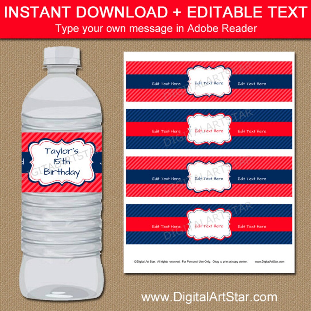 Red and Navy Party Decorations Birthday Water Bottle Labels Birthday ...