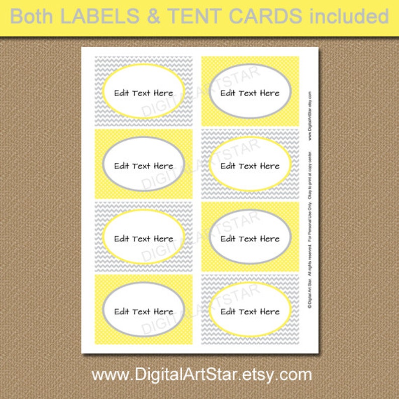 Yellow Gray Chevron Buffet Cards Yellow Gray Wedding Labels - Etsy