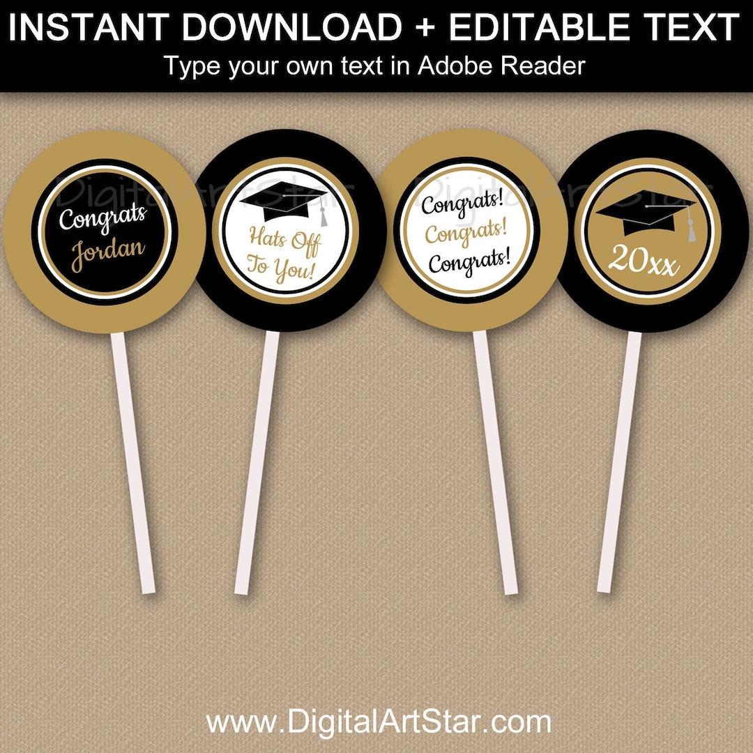 Graduation Cupcake Toppers Printable Black and Gold Graduation Party ...