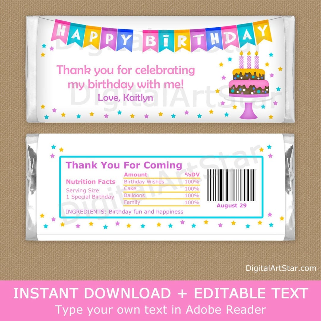 Happy Birthday Candy Bar Wrapper Template Girl Birthday Party Favors ...