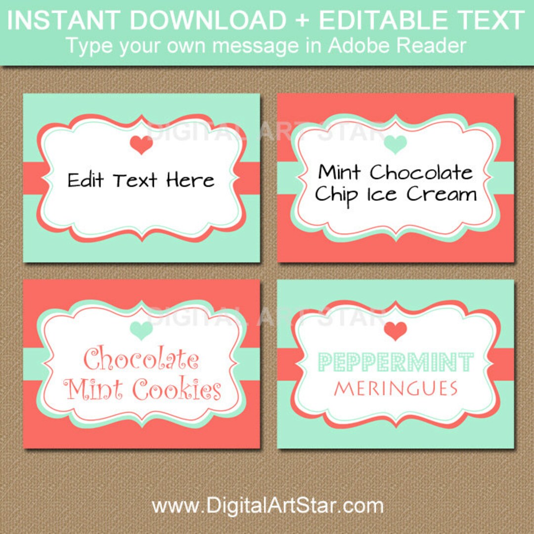 Mint and Coral Buffet Cards Candy Buffet Labels Digital Wedding Labels ...