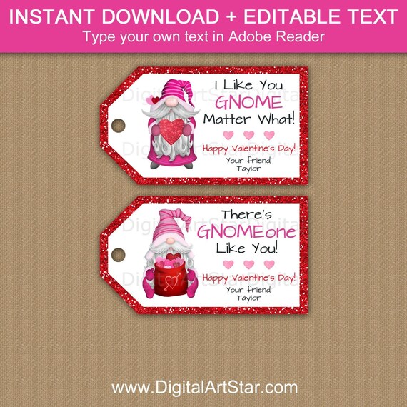 Gnome Valentine Gift Tags, Printable Valentine Tags Kids, Editable Tag ...