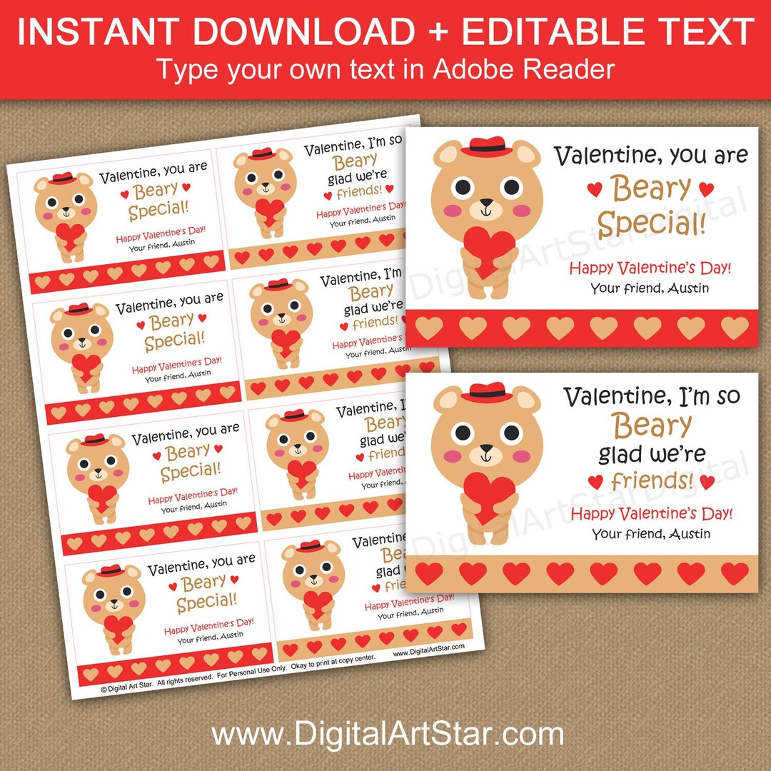 Cute Valentine Cards for Kids, Beary Valentine Printable, Bear ...