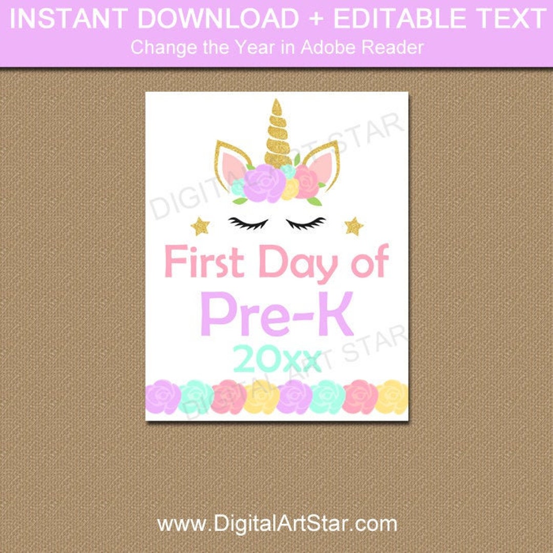 First Day of Pre-k Sign Girl, Unicorn Pre K Sign Template, Printable ...