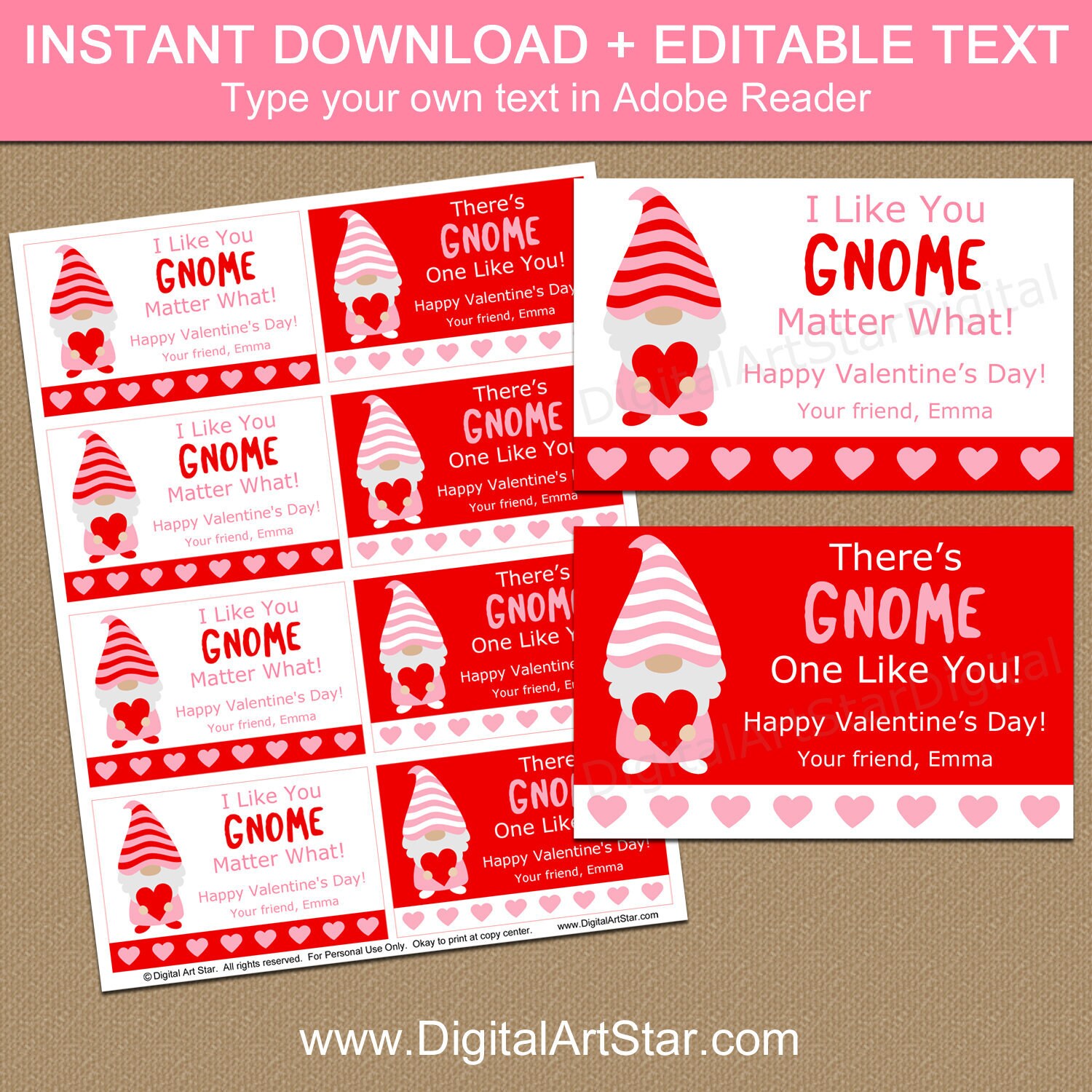 Valentines Day Cards for Kids Gnome Valentine Card Printable | Etsy