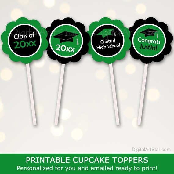 PRINTABLE Graduation Cupcake Toppers, Green Graduation Decorations 2023 ...