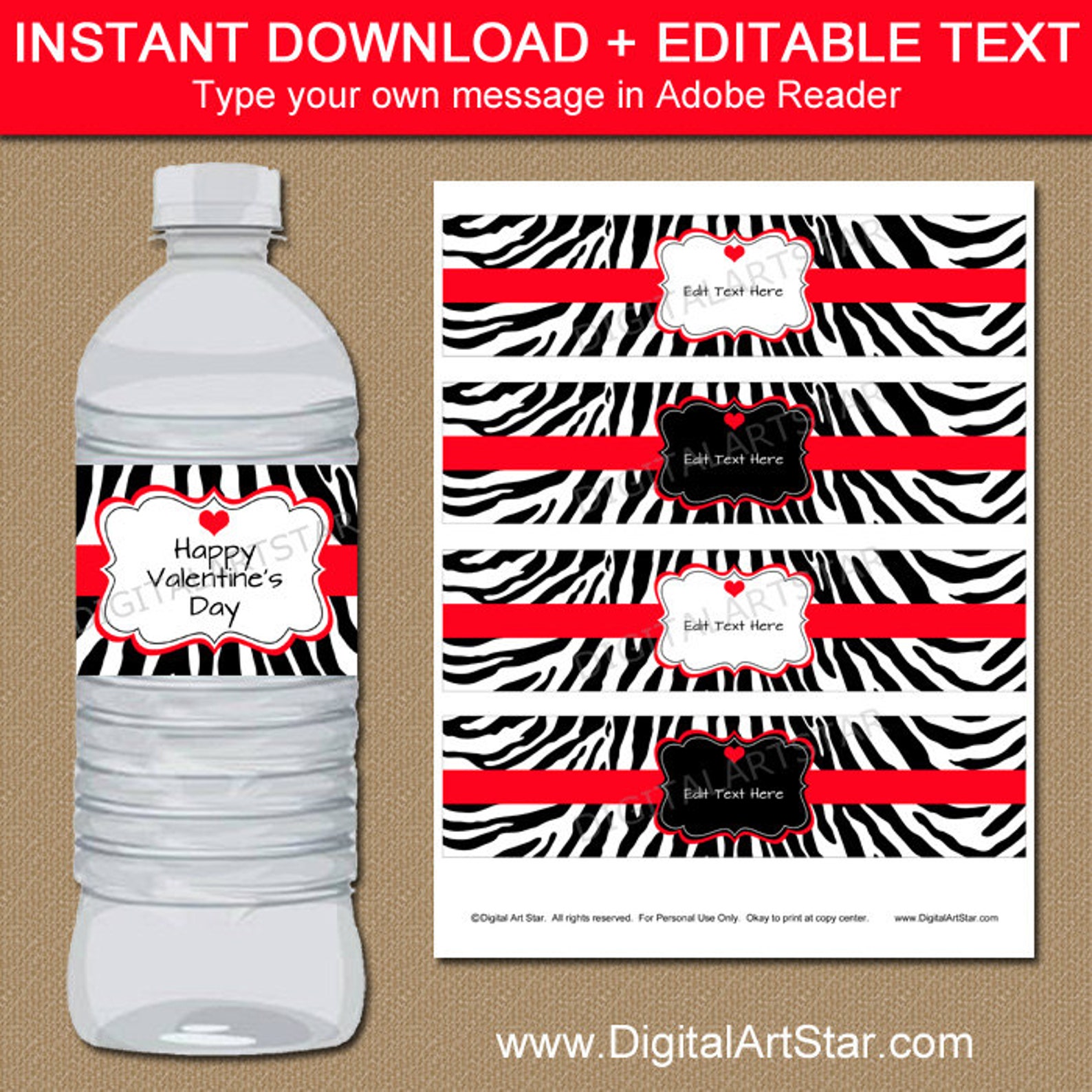Valentines Day Water Bottle Labels EDITABLE Zebra Water - Etsy