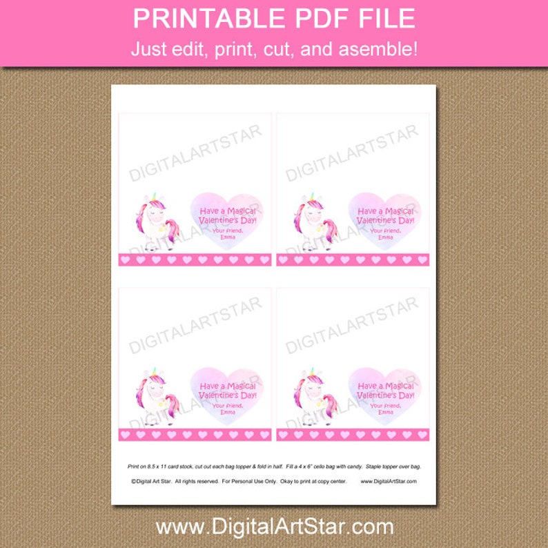 Editable Valentine Unicorn Bag Topper Unicorn Valentine Treat - Etsy