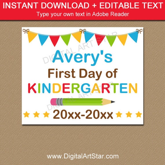 First Day of Kindergarten Sign Digital, EDITABLE First Day of School ...