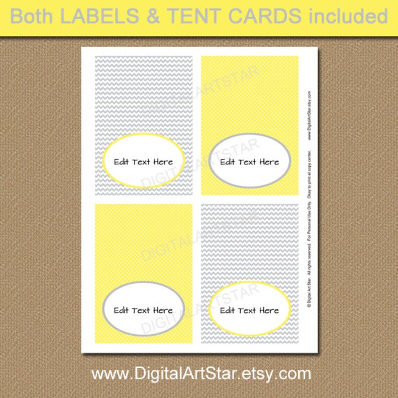 Yellow Gray Chevron Buffet Cards Yellow Gray Wedding Labels - Etsy