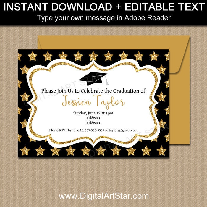 Black and Gold Graduation Invitation Template Download High - Etsy