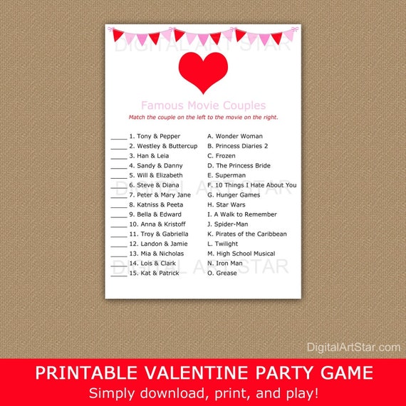 Famous Movie Couples Match Game, Valentine Party Games for Kids ...