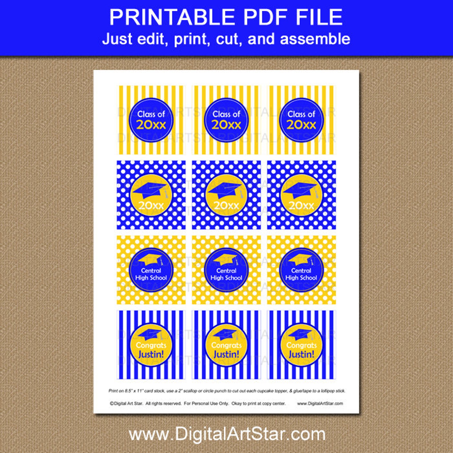 Royal Blue and Yellow Graduation Cupcake Topper Graduation - Etsy