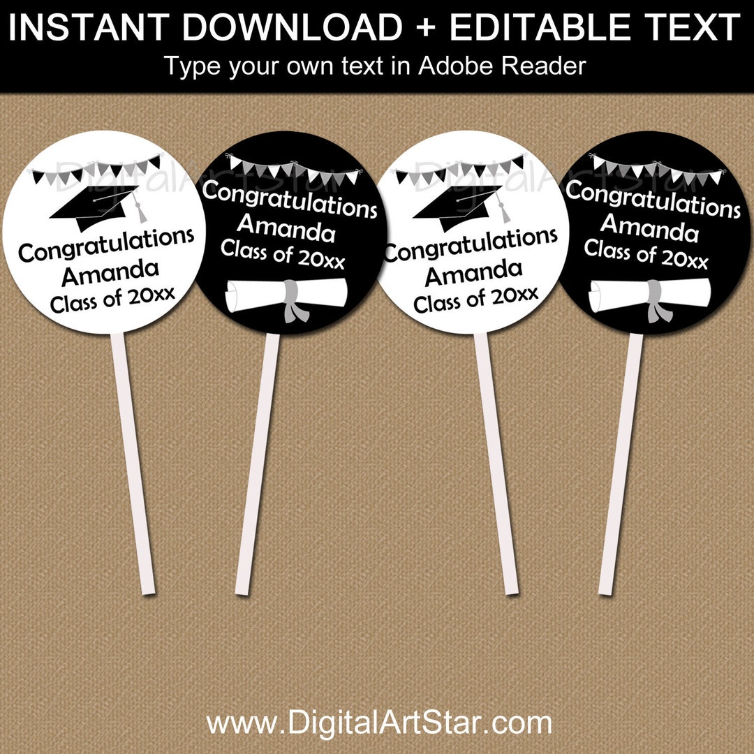 Graduation Cupcake Toppers Black and White Graduation Party - Etsy