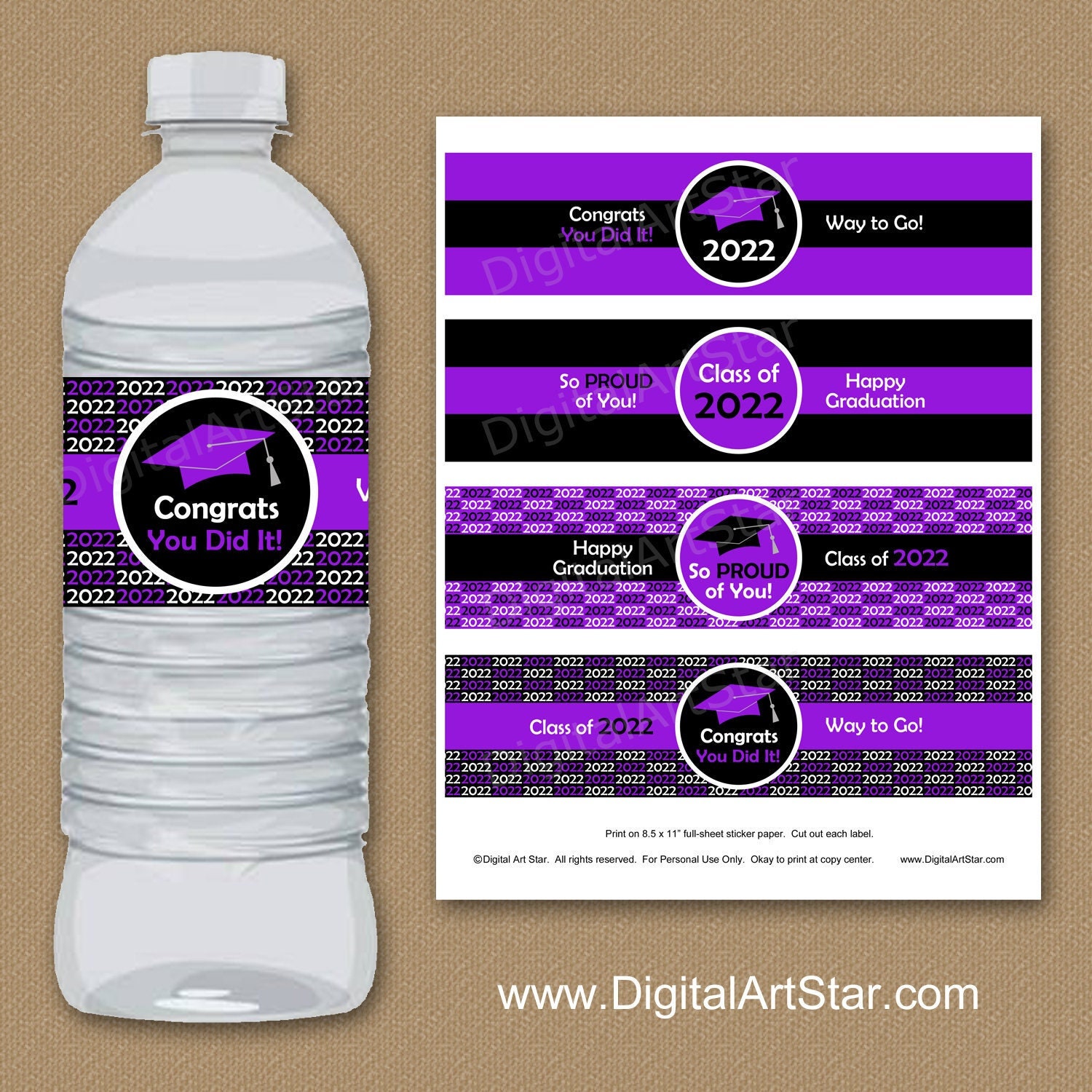 Purple and Black Graduation Water Bottle Labels Senior 2022 | Etsy