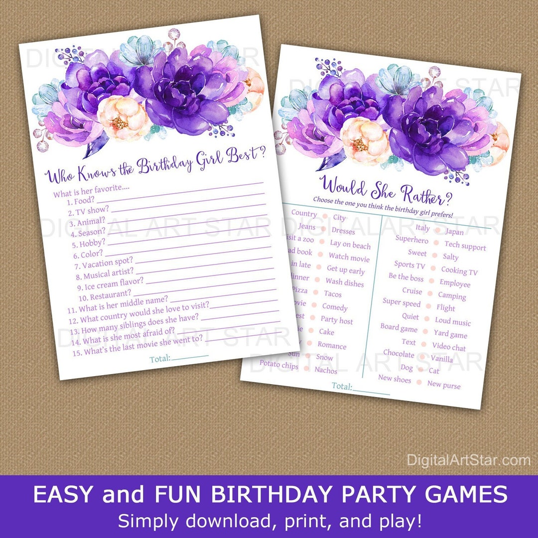 Who Knows the Birthday Girl Best, Purple Floral Birthday Game Bundle ...