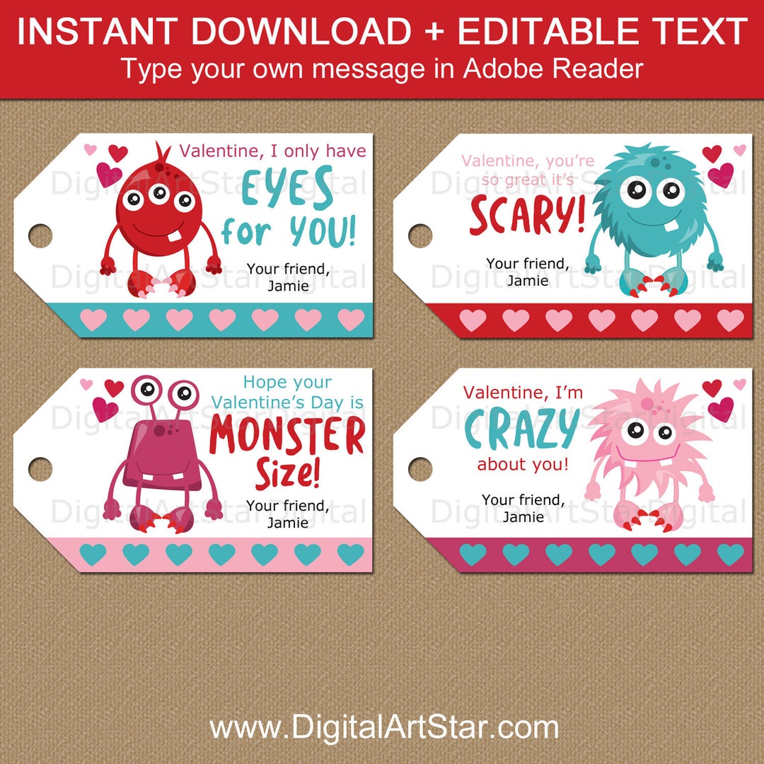 Monster Valentine Printable Tags Kids, Valentines Day Gift Tags ...
