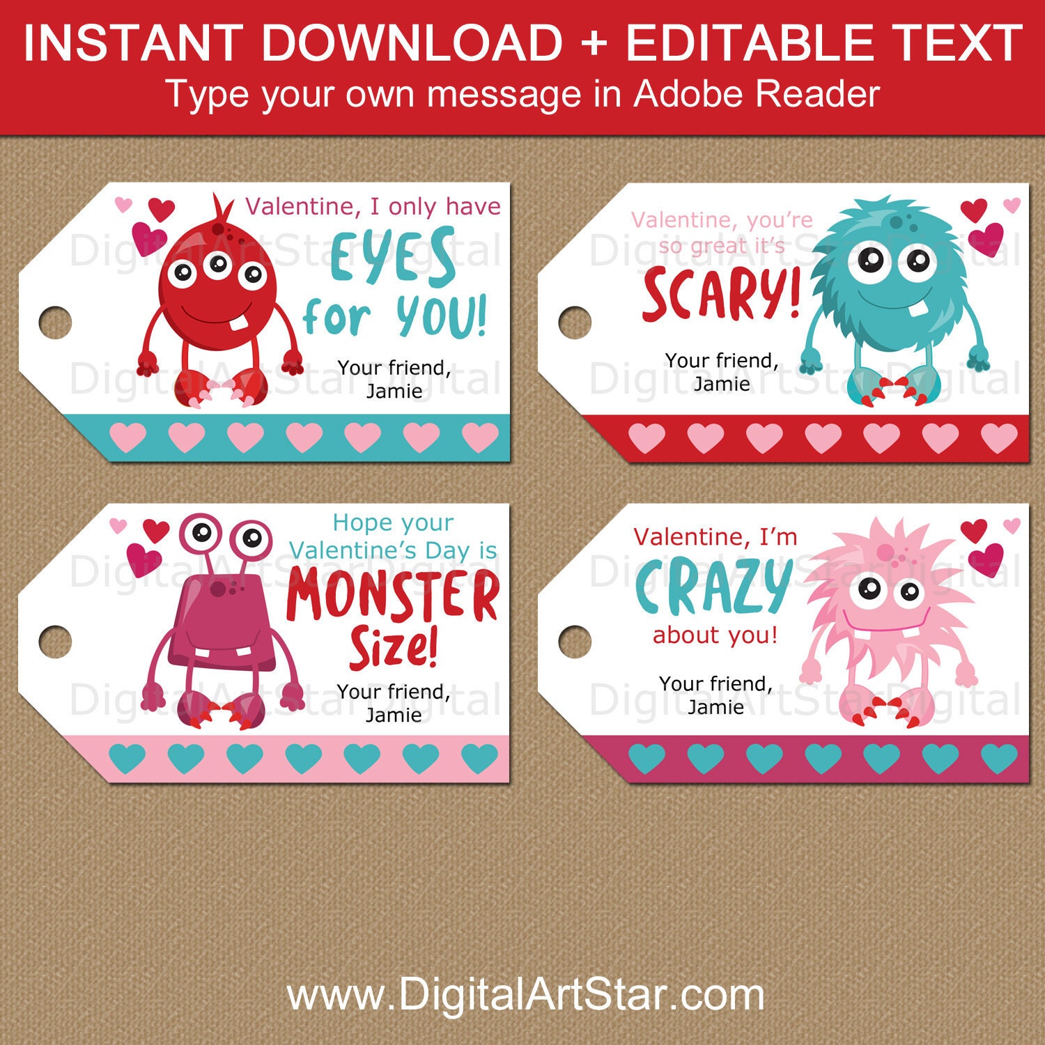 Monster Valentine Printable Tags Kids Valentines Day Gift | Etsy