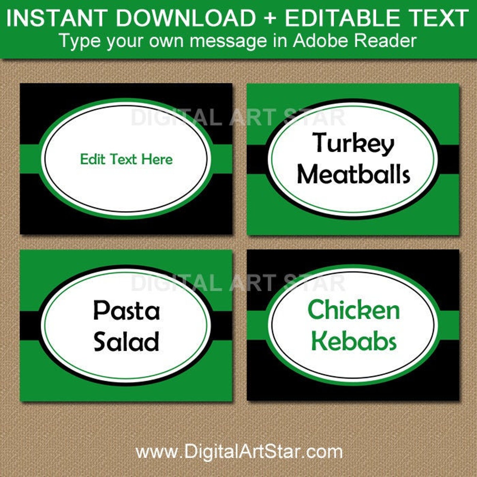 Kelly Green and Black Food Labels Printable, Candy Buffet Label ...