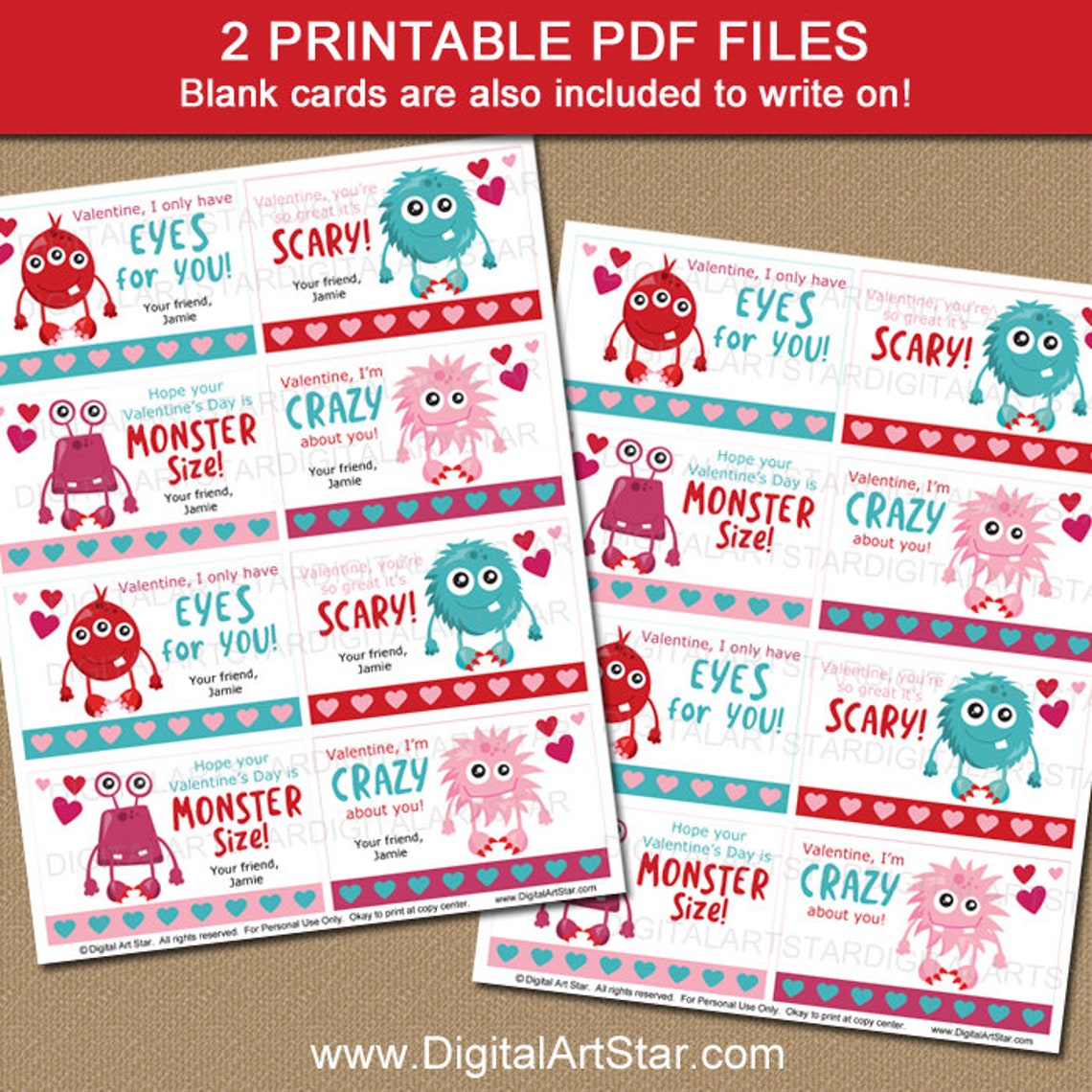 Monster Valentines Day Cards for Kids Printable Valentines for - Etsy