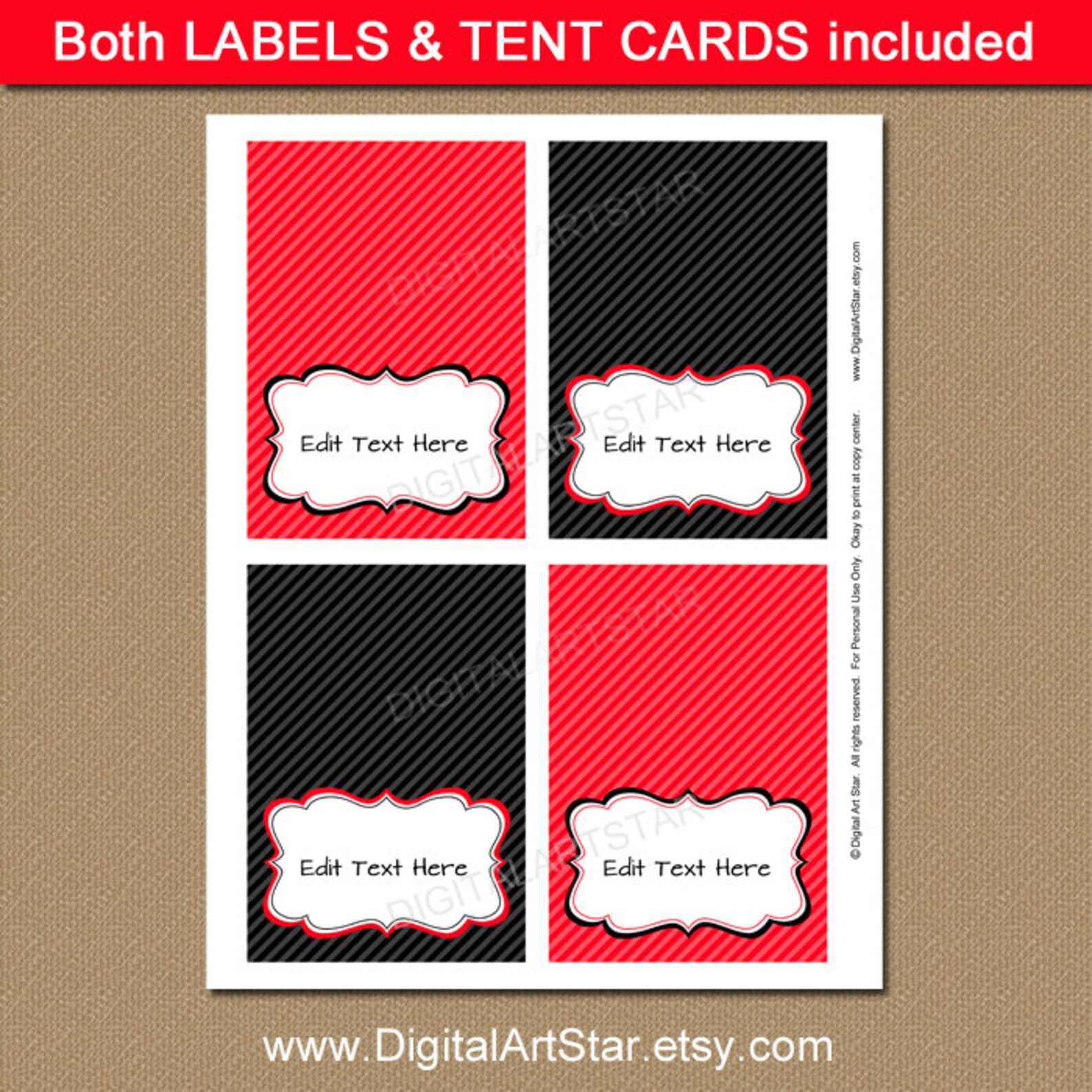 Editable Red Black Fancy Food Labels, Printable Buffet Cards, Tent ...