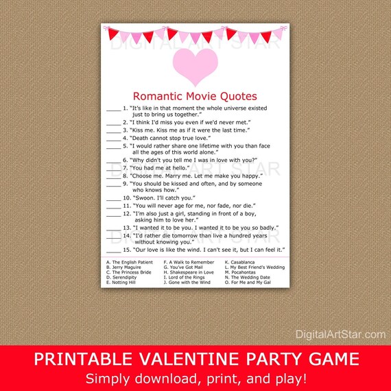 Romantic Movie Quote Game Printable, Valentine's Day Games for Couples ...