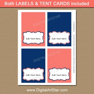 Coral Navy Blue Printable Buffet Cards Bridal Labels, Editable Baby ...
