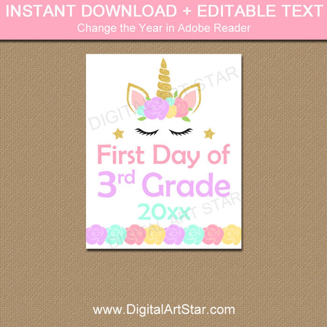 First Day of 3rd Grade Sign Girl, Printable Unicorn Back to School Sign ...