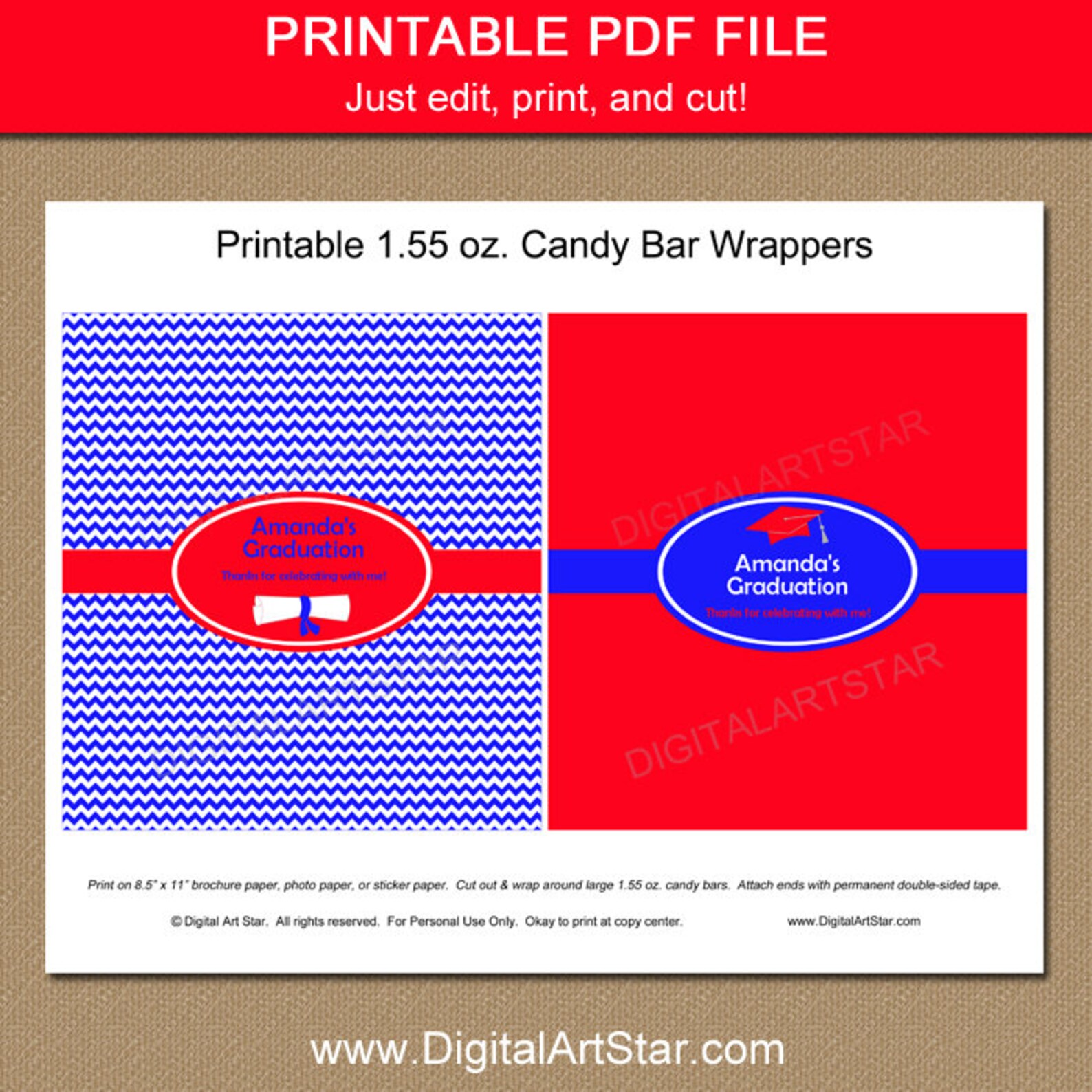Graduation Candy Bar Wrapper Template Red and Blue Graduation - Etsy