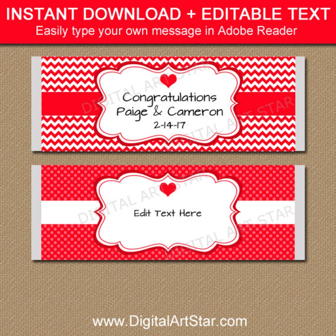 Red and White Printable Candy Bar Wrappers, Valentines Day Chocolate ...