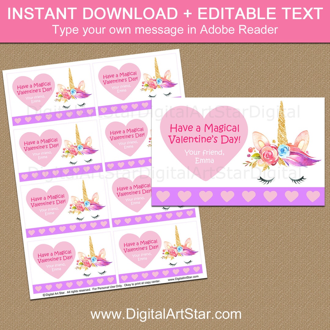 Unicorn Valentine Card for Kids, Printable Unicorn Valentines, Girl ...