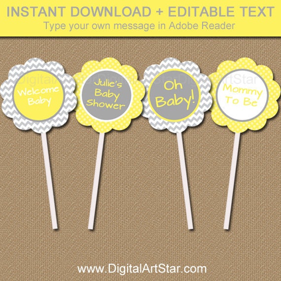 Yellow Gray Baby Shower Cupcake Toppers Printable Chevron - Etsy