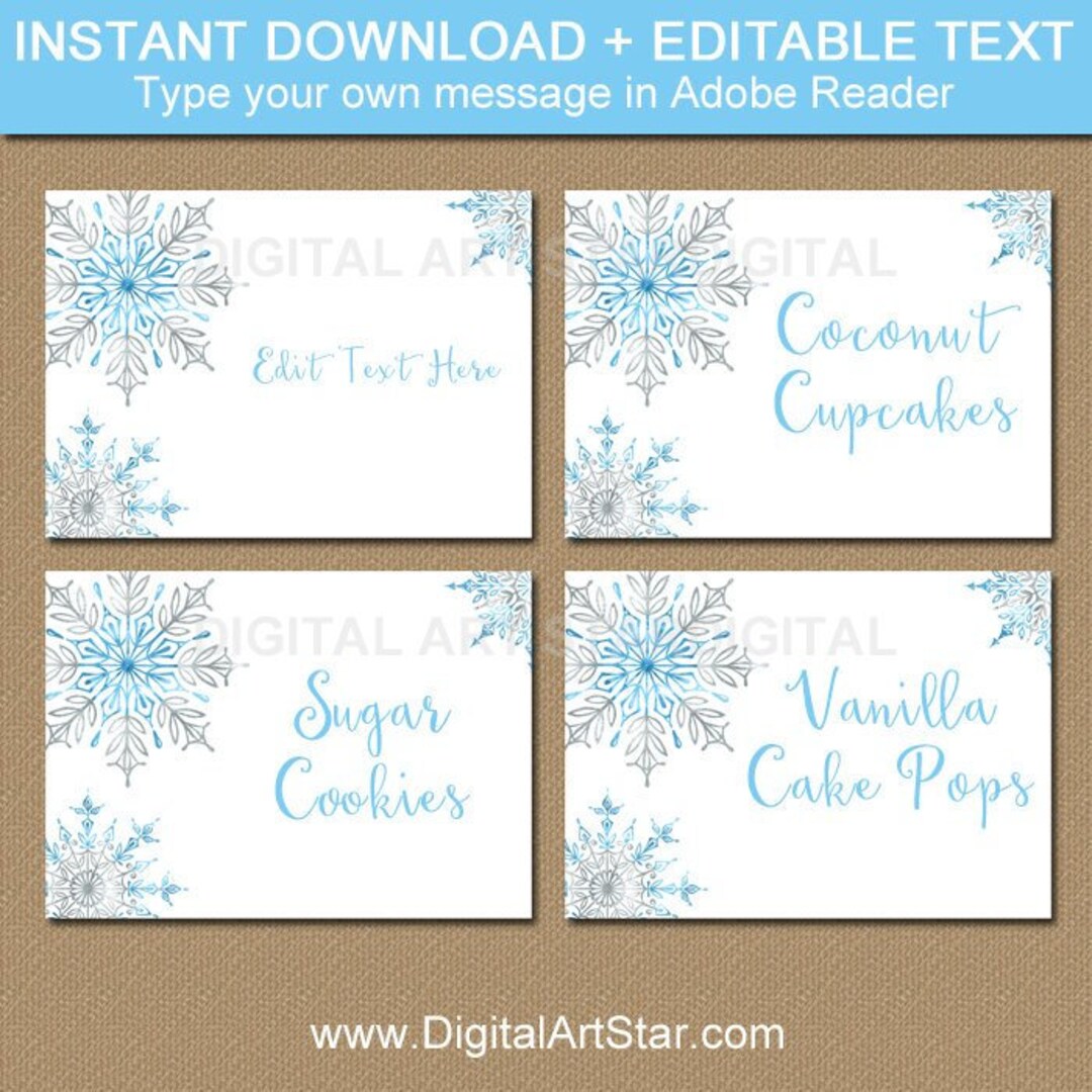 Snowflake Place Cards, Snowflake Party Download, Holiday Buffet Cards ...