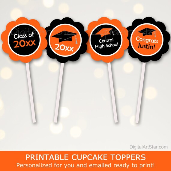 PRINTABLE Graduation Cupcake Toppers 2023, Orange and Black Graduation ...