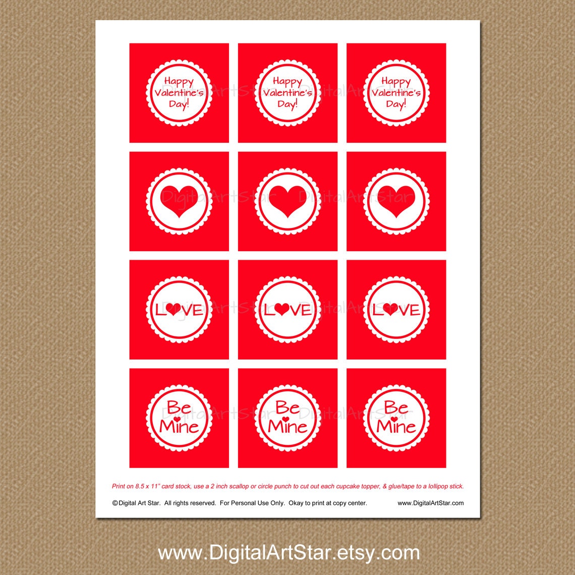 Valentine Cupcake Toppers DIY Printable Valentine Cupcake - Etsy