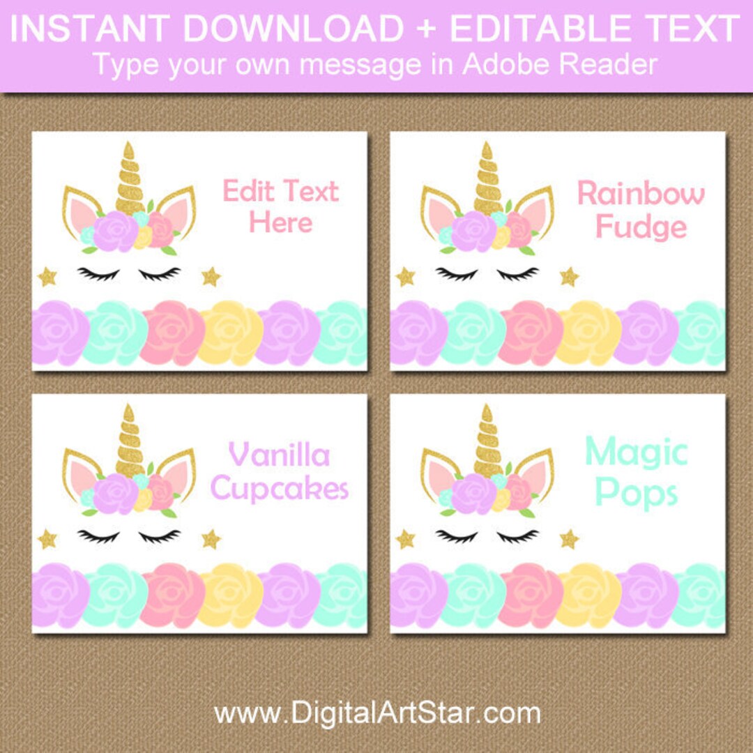 Unicorn Place Cards, Unicorn Candy Buffet Labels, Unicorn Tent Cards ...